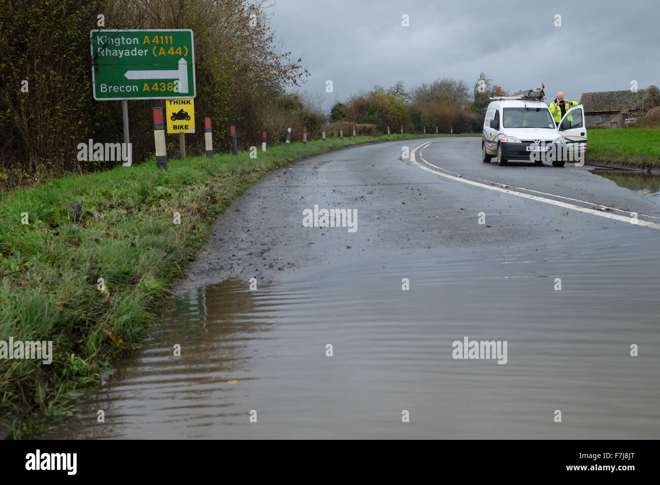Letton, Herefordshire, UK. 1st December 2015. BT engineers find their road closed due to floods ...