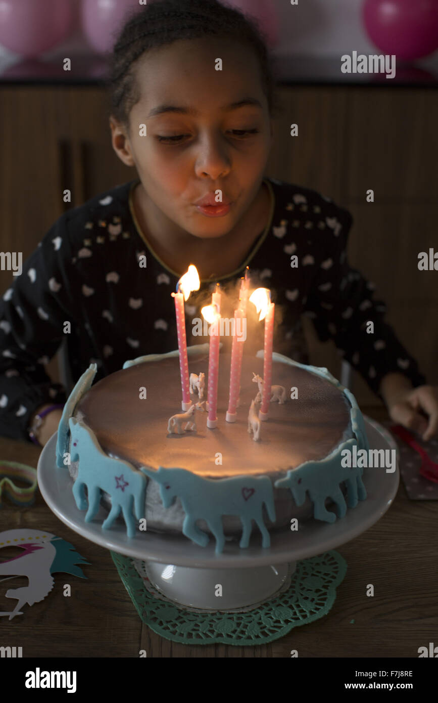 Girl blowing out candles on birthday cake Stock Photo - Alamy