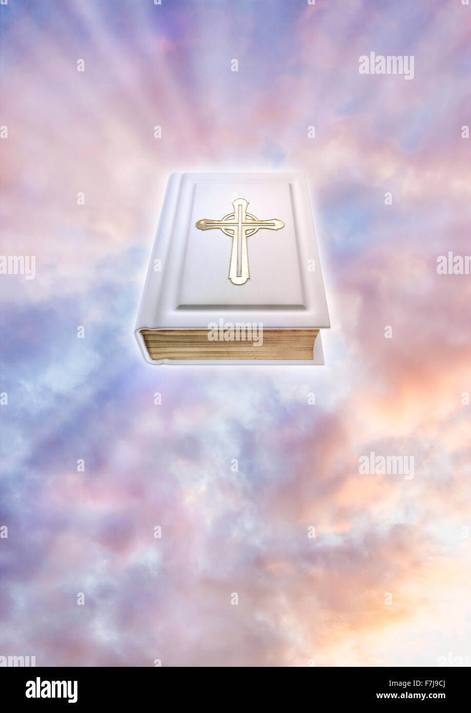 Bible in the sky / 3D render of white bible against heavenly sky Stock ...