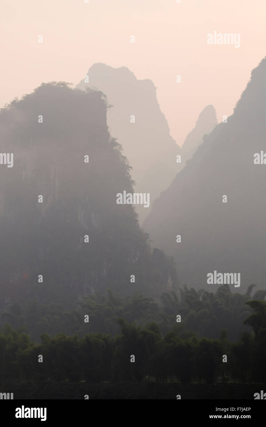 Limestone Karst Formations on River Li at Misty Dawn Guilin Region ...