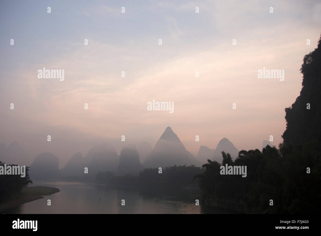 Limestone Karst Formations on River Li at Misty Dawn Guilin Region ...