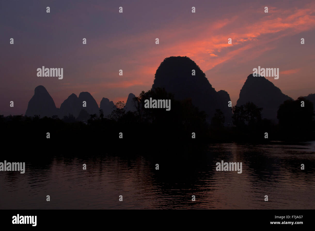 Limestone Karst Formations on River Li before Dawn Guilin Region ...