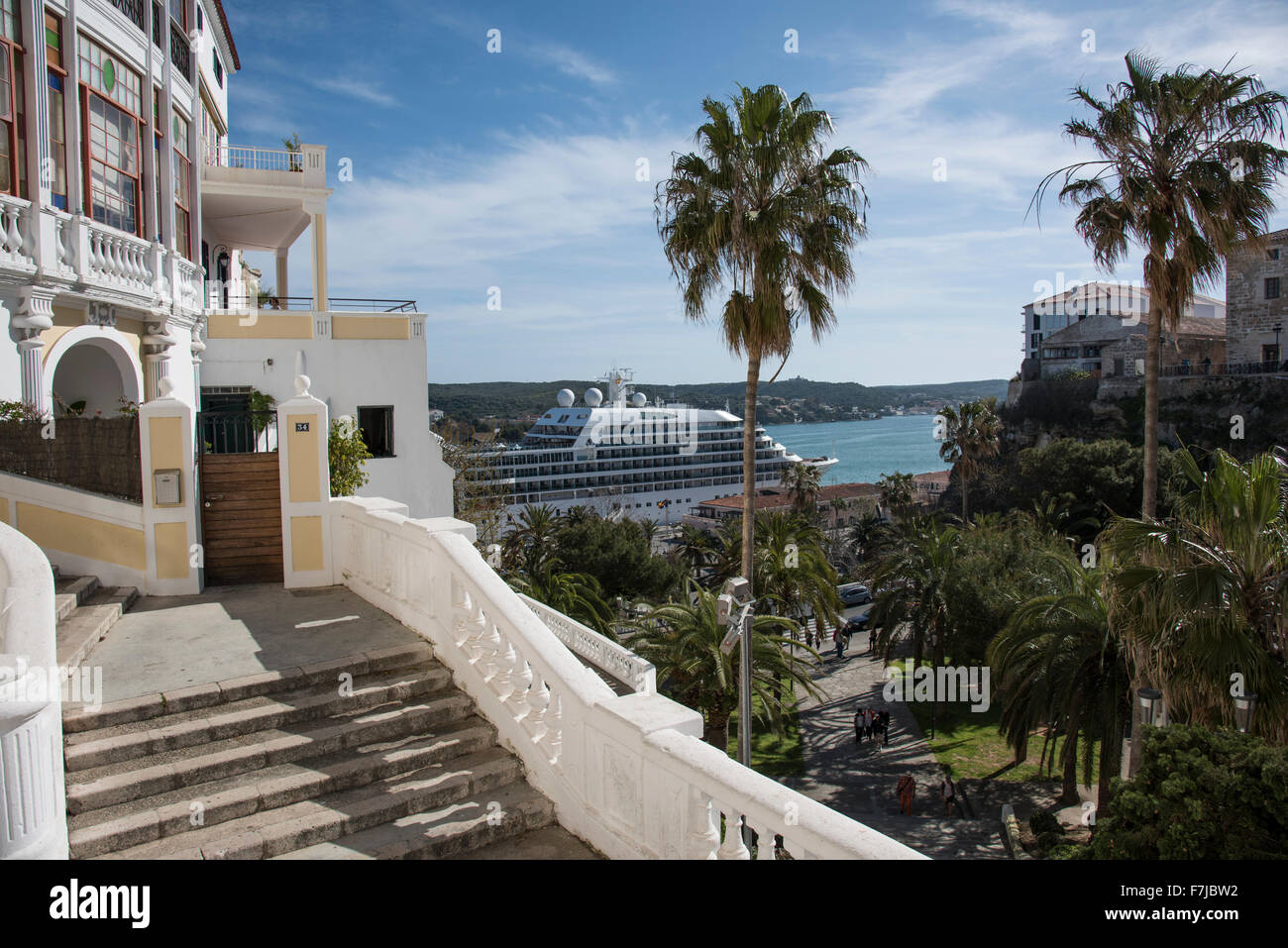 Looking down from the city of Mahon onto the port where a small cruise ...