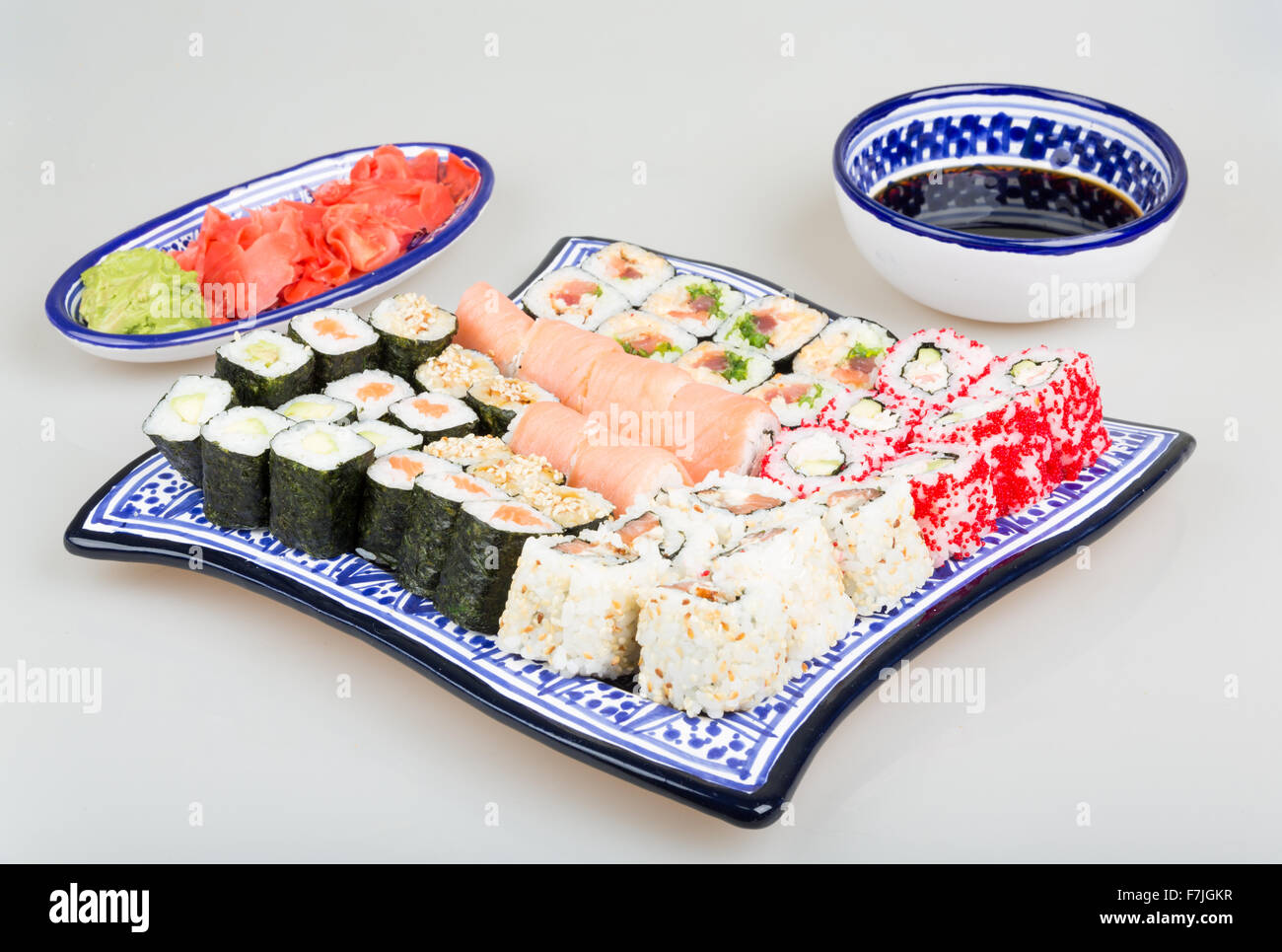 Sushi Set - Different Types of Maki Sushi and Nigiri Sushi Stock Photo ...