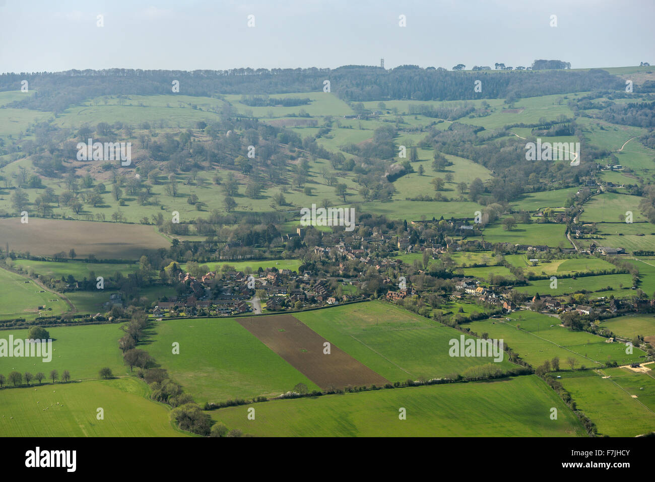 An aerial view of the Worcestershire village of Elmley Castle. Bredon ...
