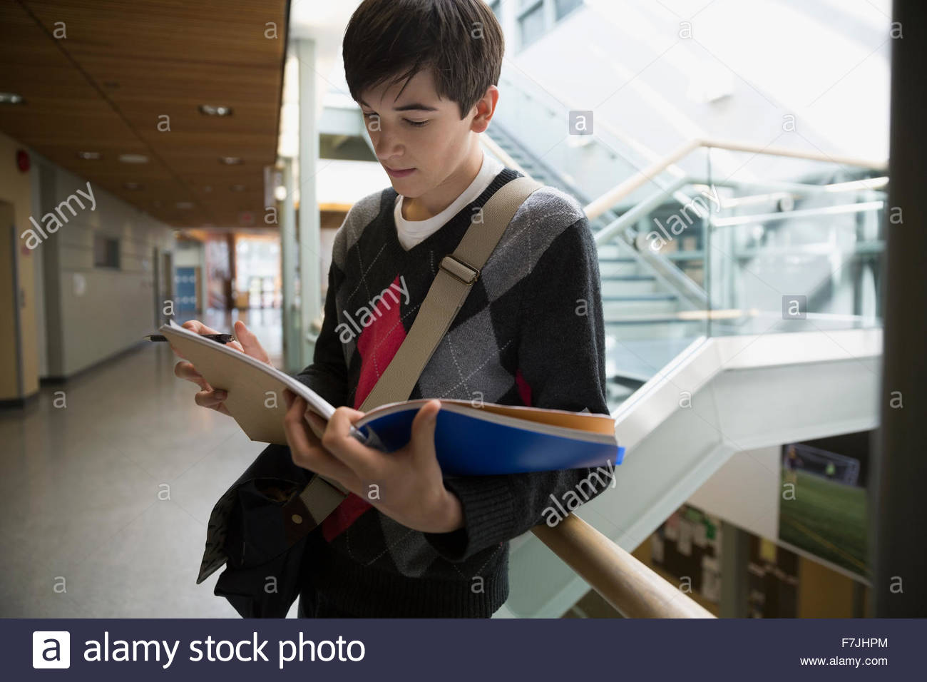 High school student reviewing notes in school corridor Stock Photo - Alamy