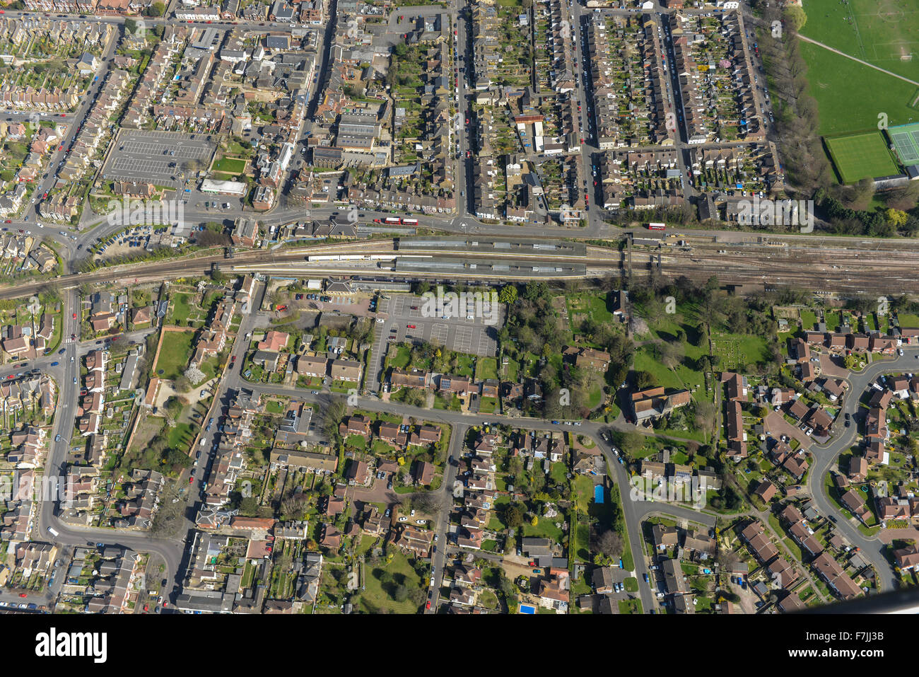 An aerial view of the Kent town of Faversham showing the area around ...