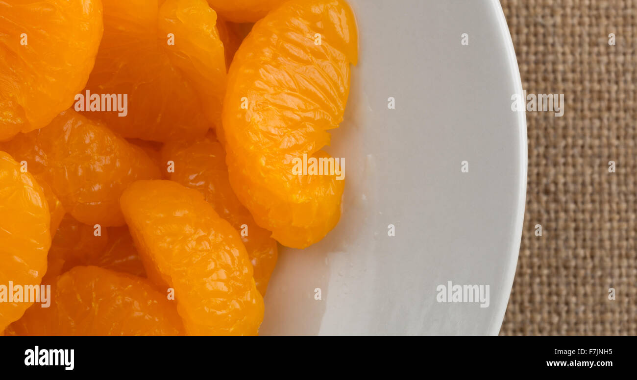 Top close view of a serving of canned mandarin oranges on a white plate ...