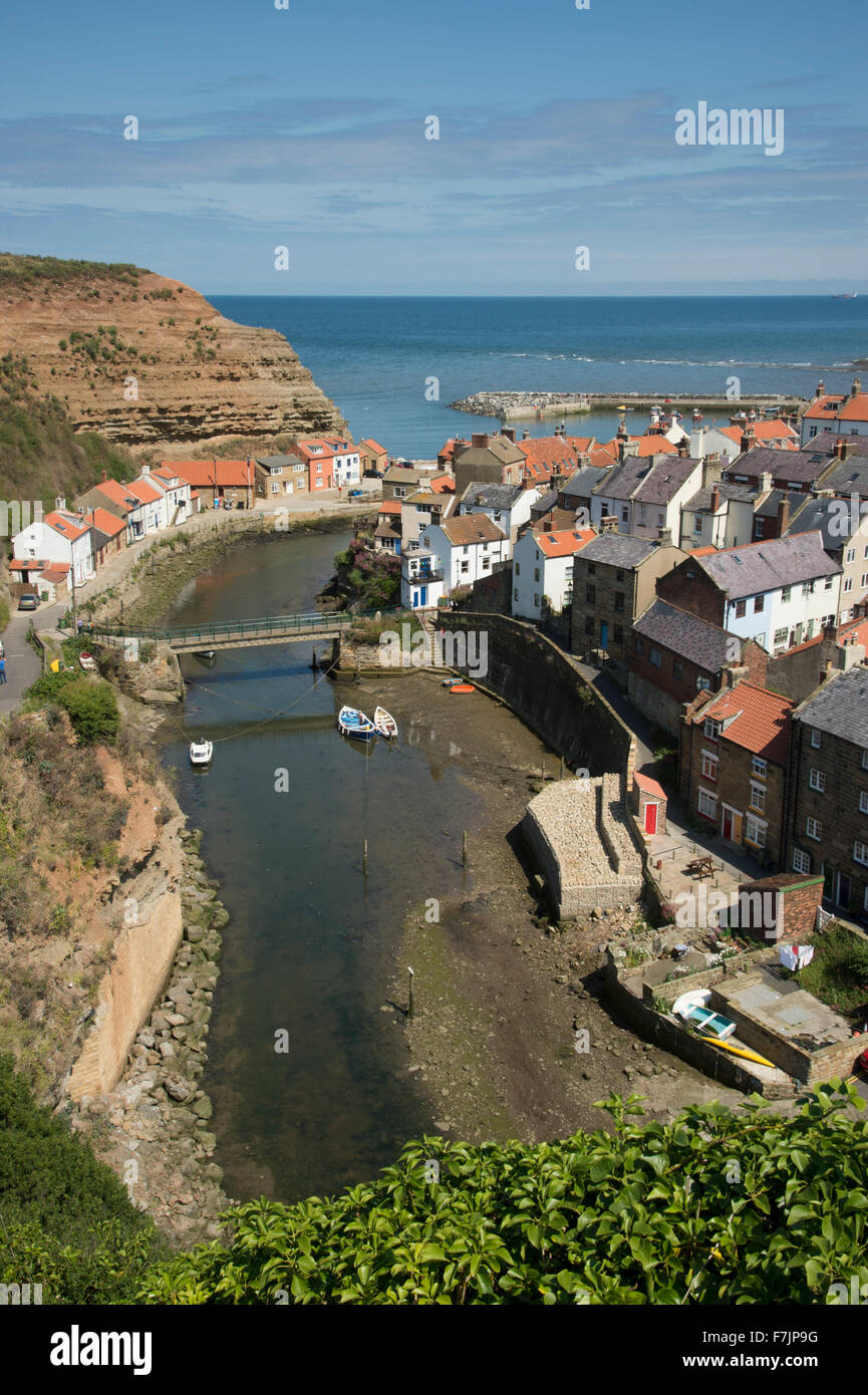 Sunny, high view over picturesque Staithes, North Yorkshire, GB, UK ...