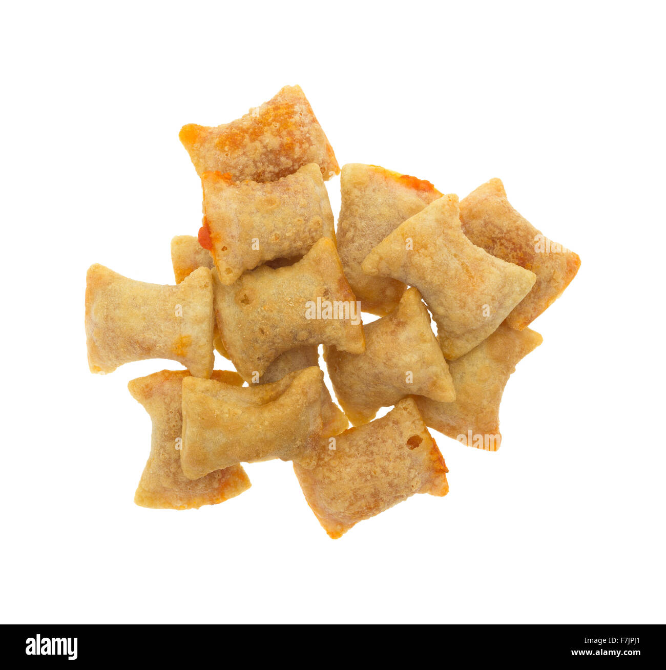 Top view of a serving of bite size pizza rolls isolated on a white ...