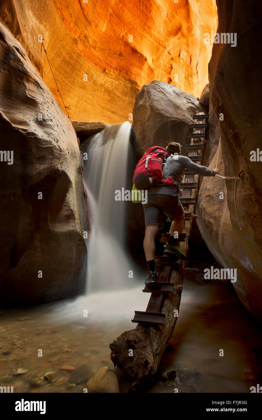 Kanarra Creek Canyon with hiker and waterfall. Utah. Dixie National ...