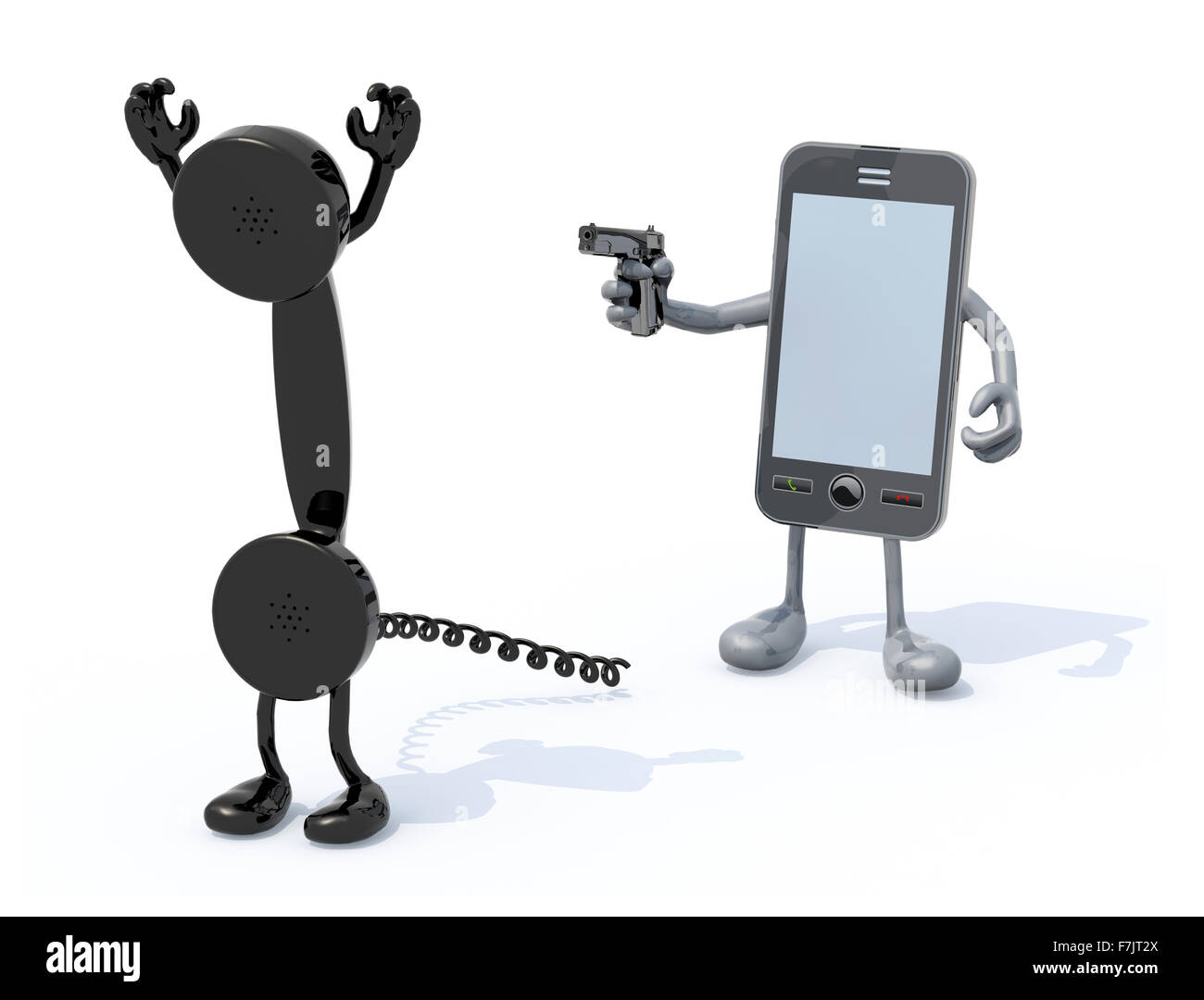 smartphone with arms and legs wielding gun to the vintage phone handset ...