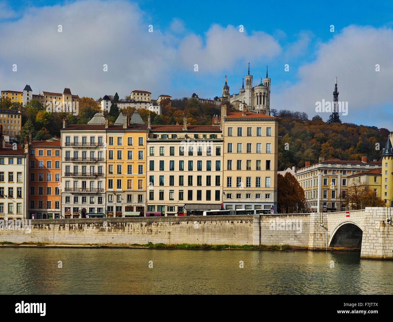Modern and historic architecture on banks of River Soane, Lyon France ...