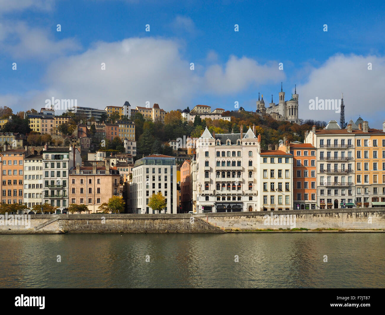 Modern and historic architecture on banks of River Soane, Lyon France ...