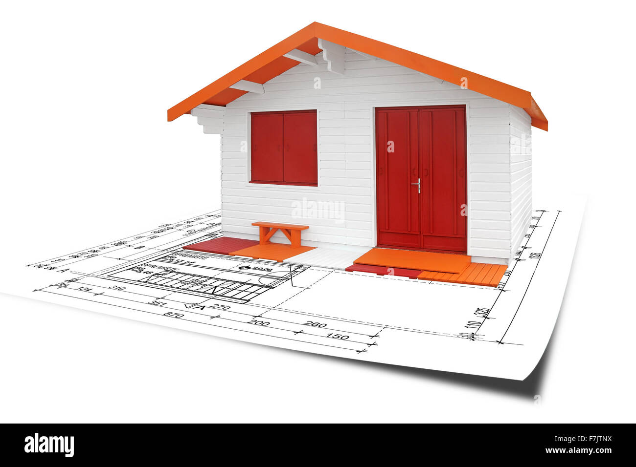 Wooden assembly House with blueprints, isolated on white background ...