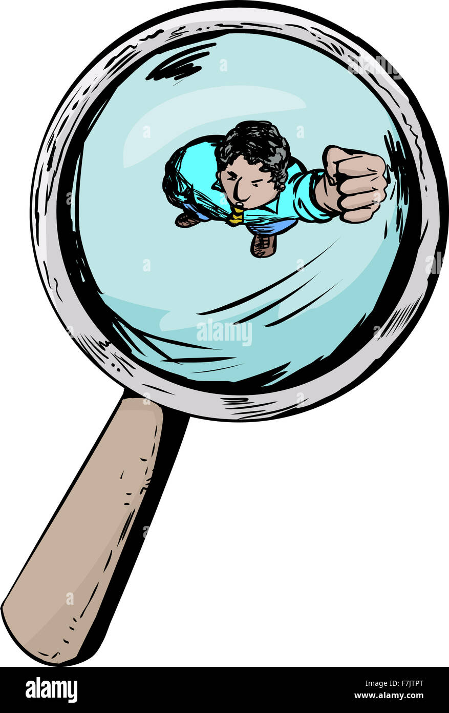 Angry man under a magnifying glass with clenched fist Stock Photo - Alamy