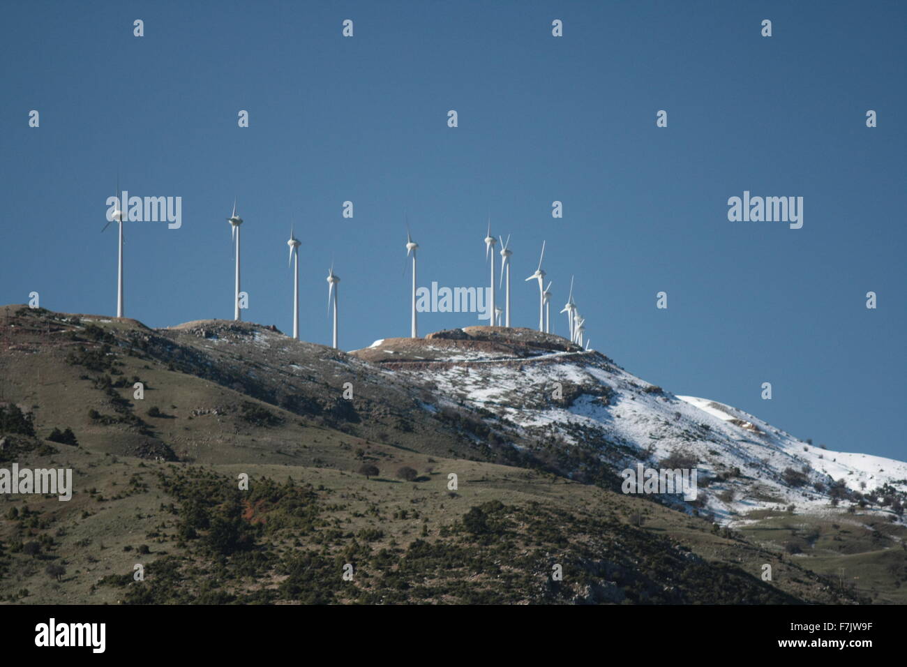 WInd turbines on the top of a mountain in Greece Stock Photo - Alamy