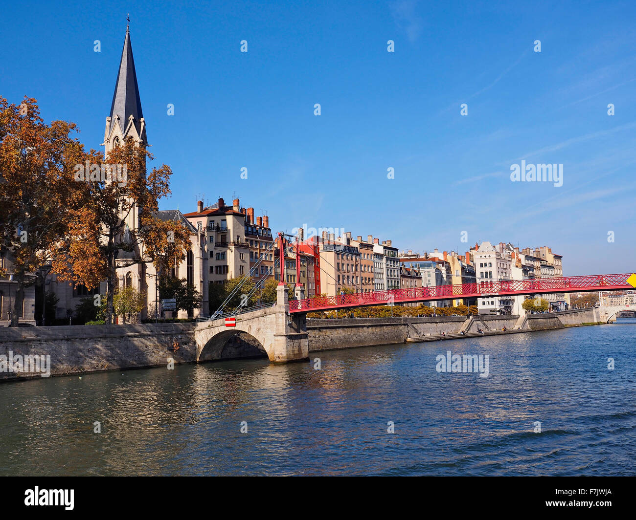 Modern and historic architecture on banks of River Soane, Lyon France ...