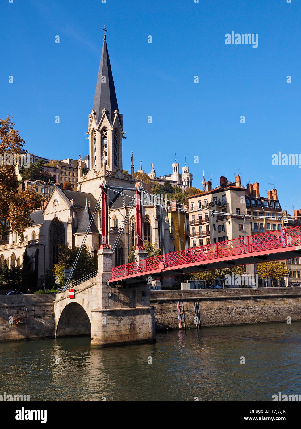 Modern and historic architecture on banks of River Soane, Lyon France ...