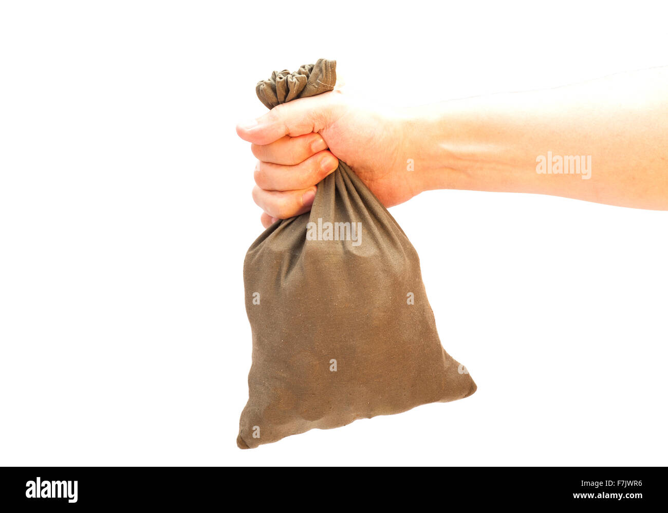 Man hand with burlap sack on white background Stock Photo - Alamy