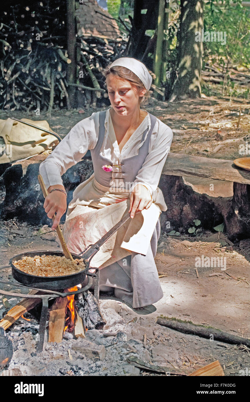 Tudor Life Woman Cooking on Open Wood Fire Kentwell Hall Re ...
