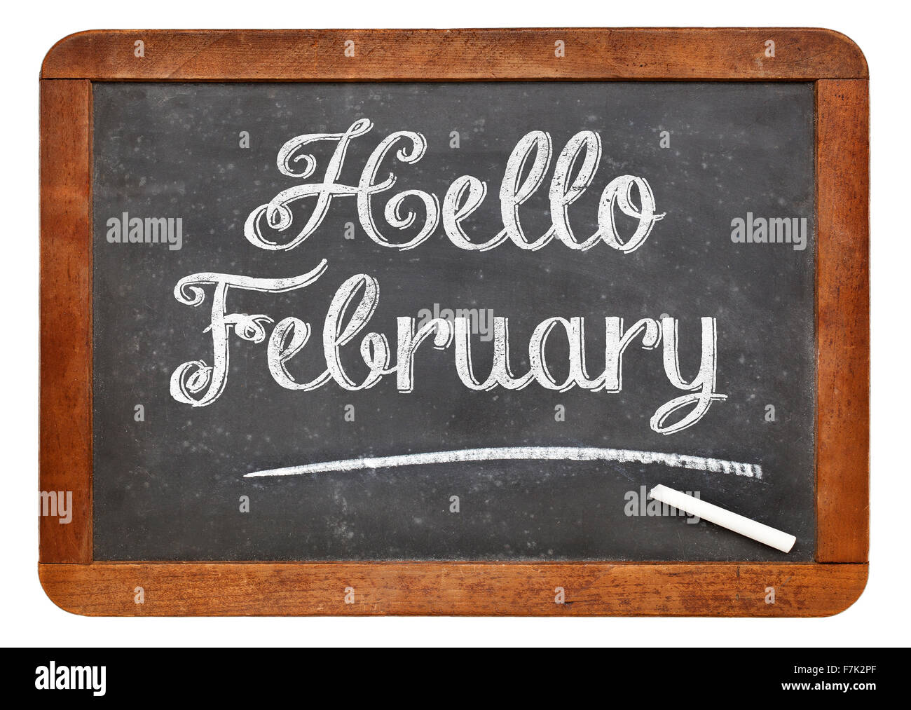 Hello February sign - white chalk text on an isolated vintage slate ...