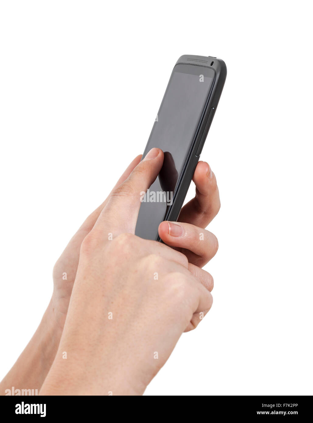 Hands touching the display of a smartphone, isolated against a white ...