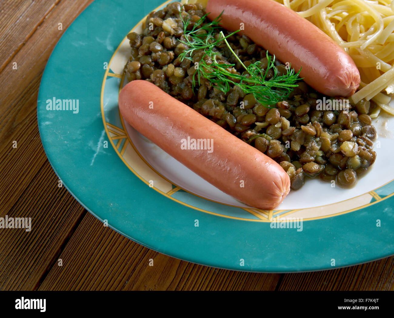 Linsen mit Spatzle - lentils with Swabian pasta.accompanied with wiener ...