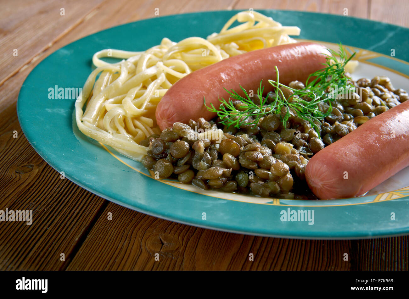 Linsen mit Spatzle - lentils with Swabian pasta.accompanied with wiener ...