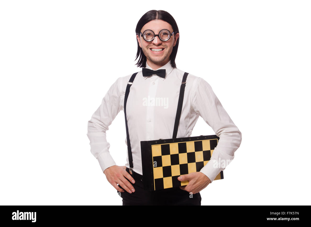 Funny man with chessboard isolated on white Stock Photo - Alamy