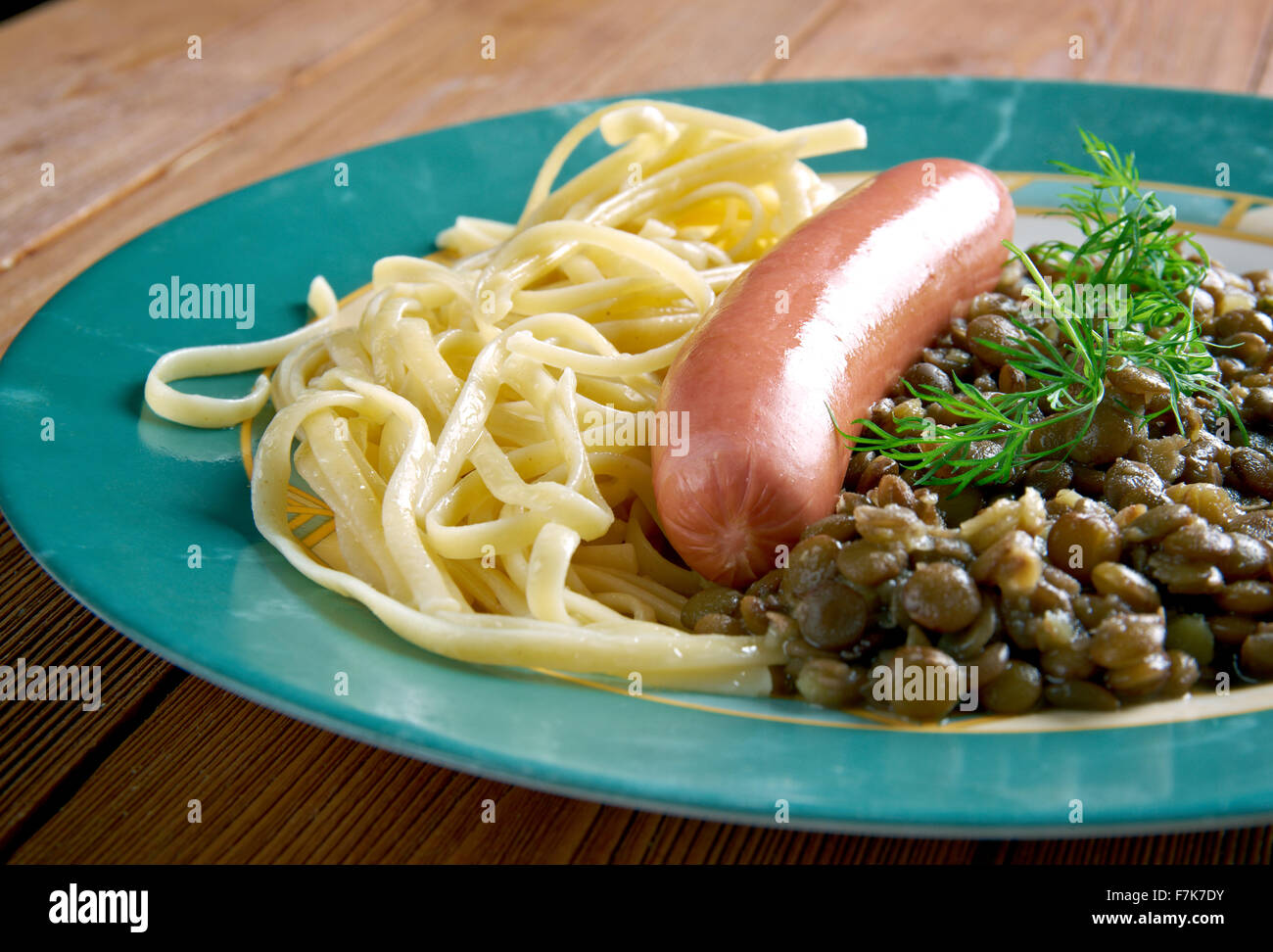 Linsen mit Spatzle - lentils with Swabian pasta.accompanied with wiener ...