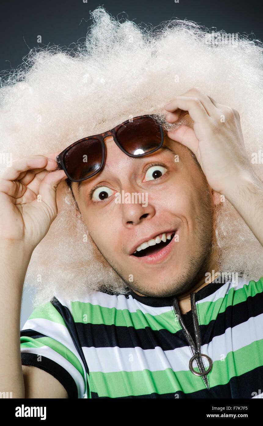 Funny man with afro hairstyle isolated on white Stock Photo - Alamy