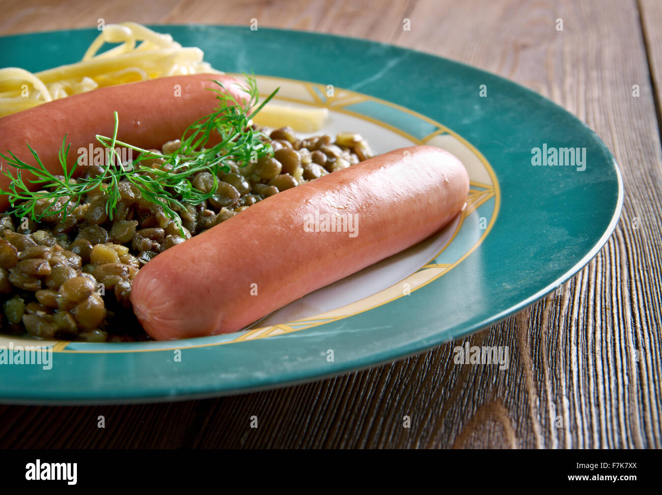 Linsen mit Spatzle - lentils with Swabian pasta.accompanied with wiener ...