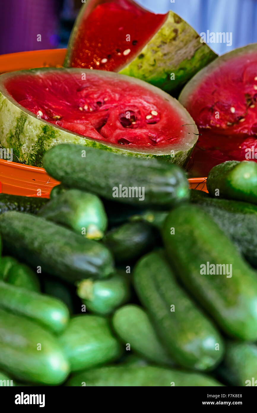 Pickles from watermelon and cucumbers, homemade. Traditional romanian ...