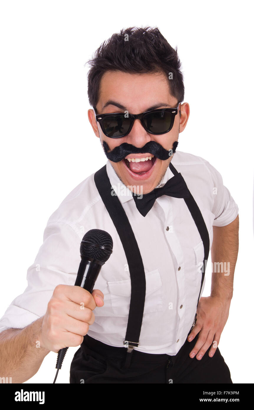 Funny man with mic isolated on white Stock Photo - Alamy