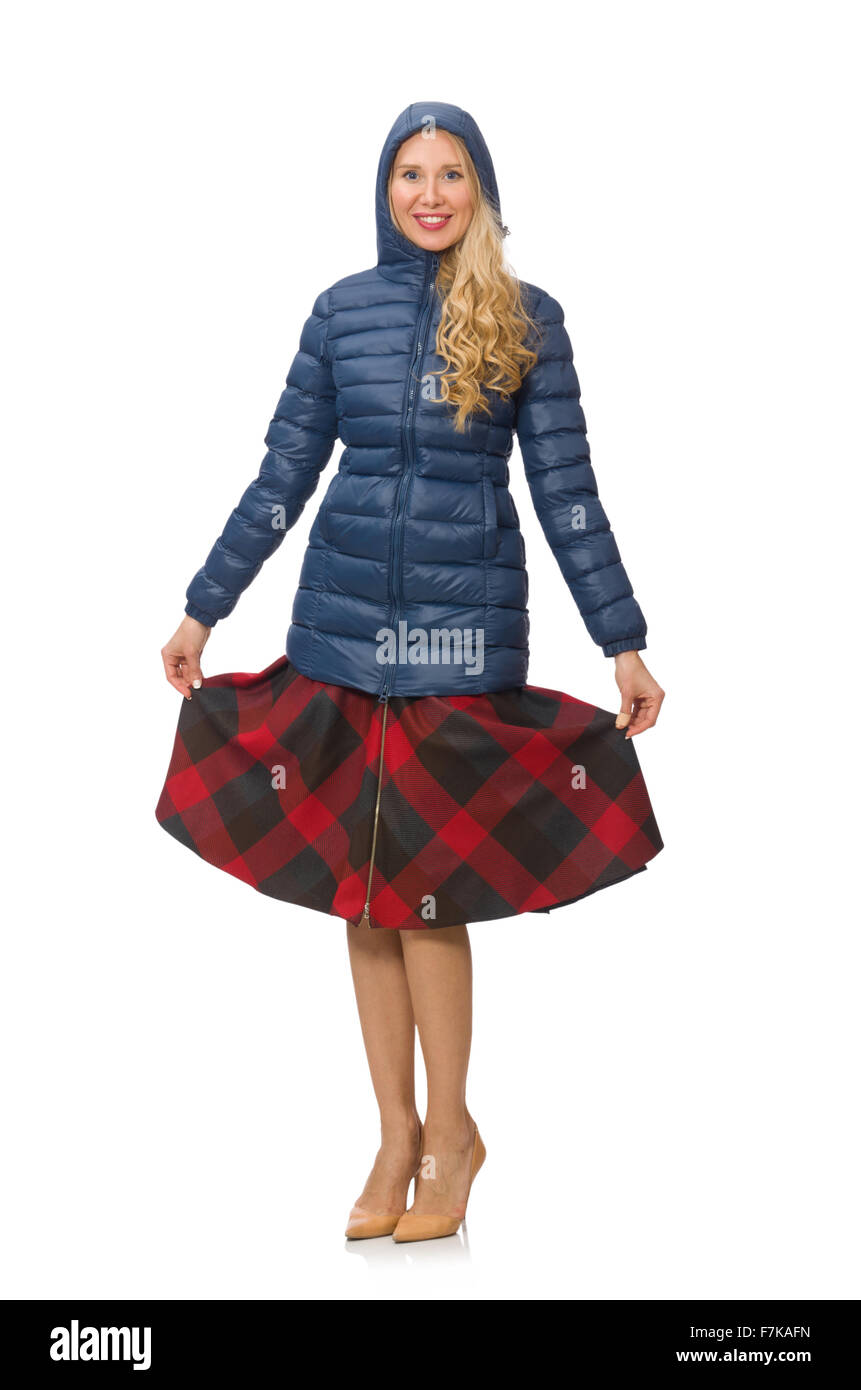 Pretty female model in blue jacket isolated on white Stock Photo - Alamy