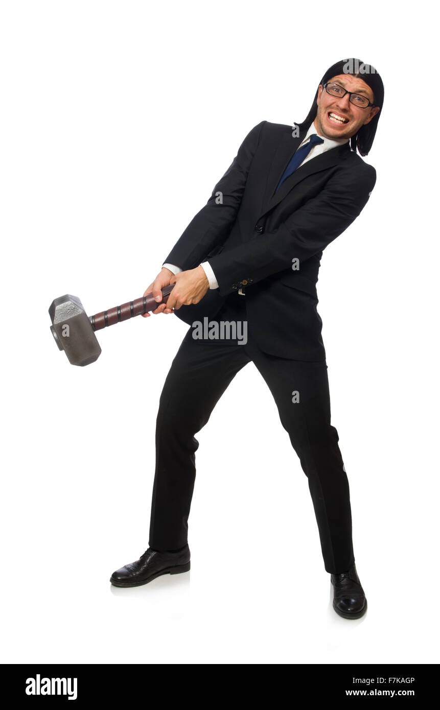 Handsome businessman holding hammer isolated on white Stock Photo - Alamy