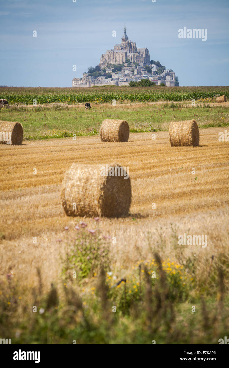Color image some hay rolls in front of Mont Saint Michel in Normandy ...