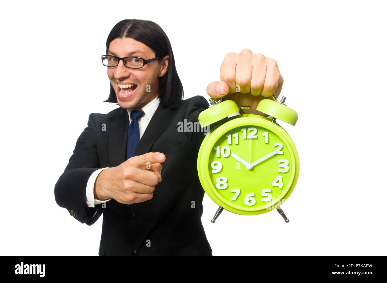 Handsome businessman holding alarm clock isolated on white Stock Photo ...