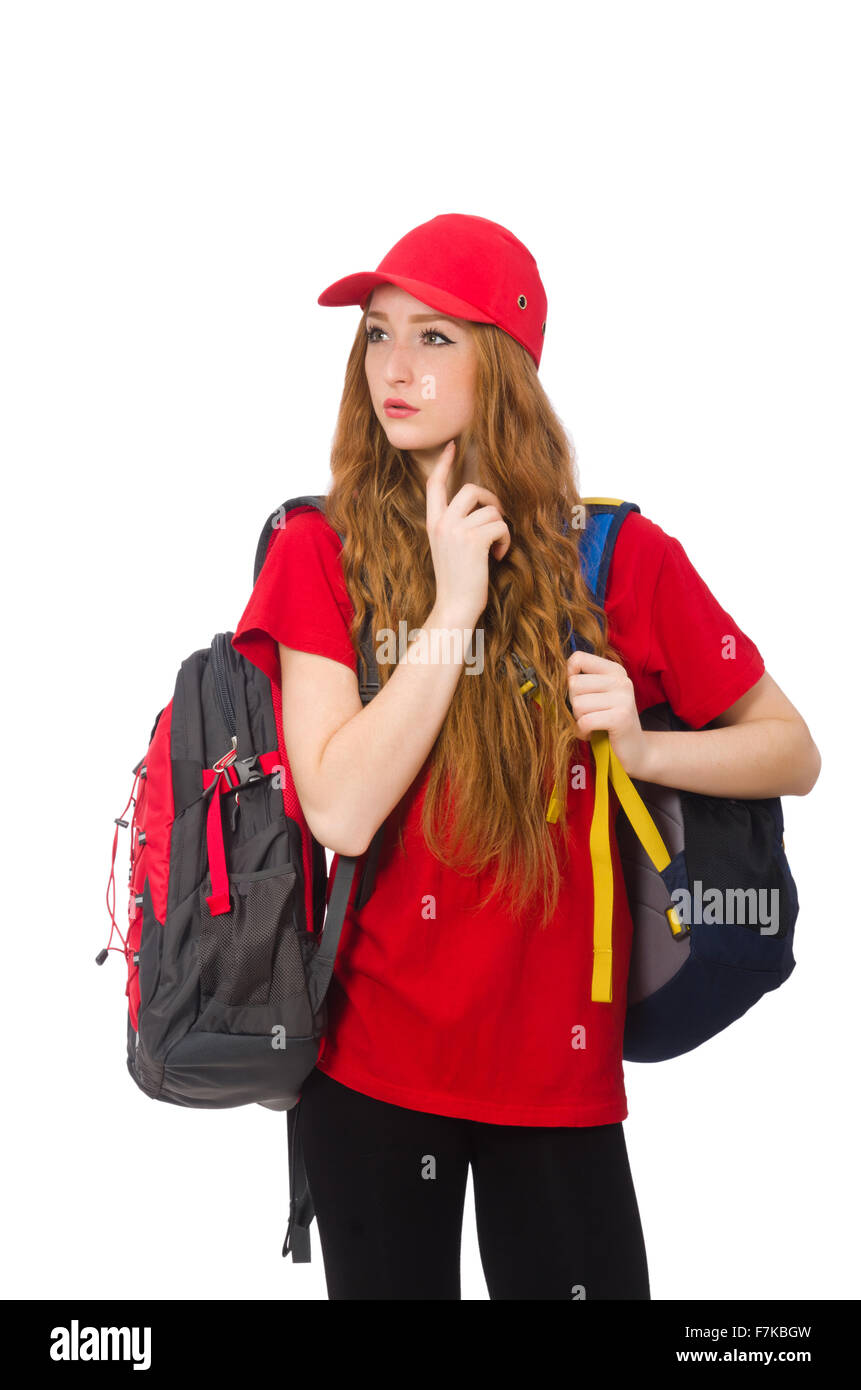 Pretty girl with backpack isolated on white Stock Photo - Alamy