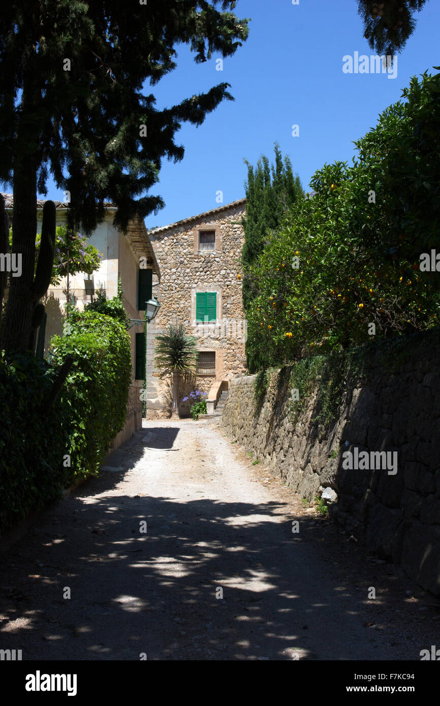 view up narrow lane in Biniaraix Stock Photo - Alamy