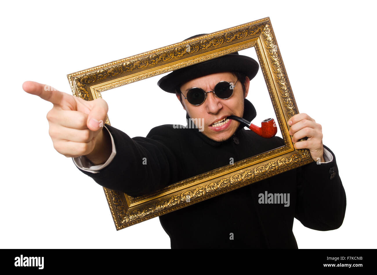 Young man holding frame isolated on white Stock Photo - Alamy