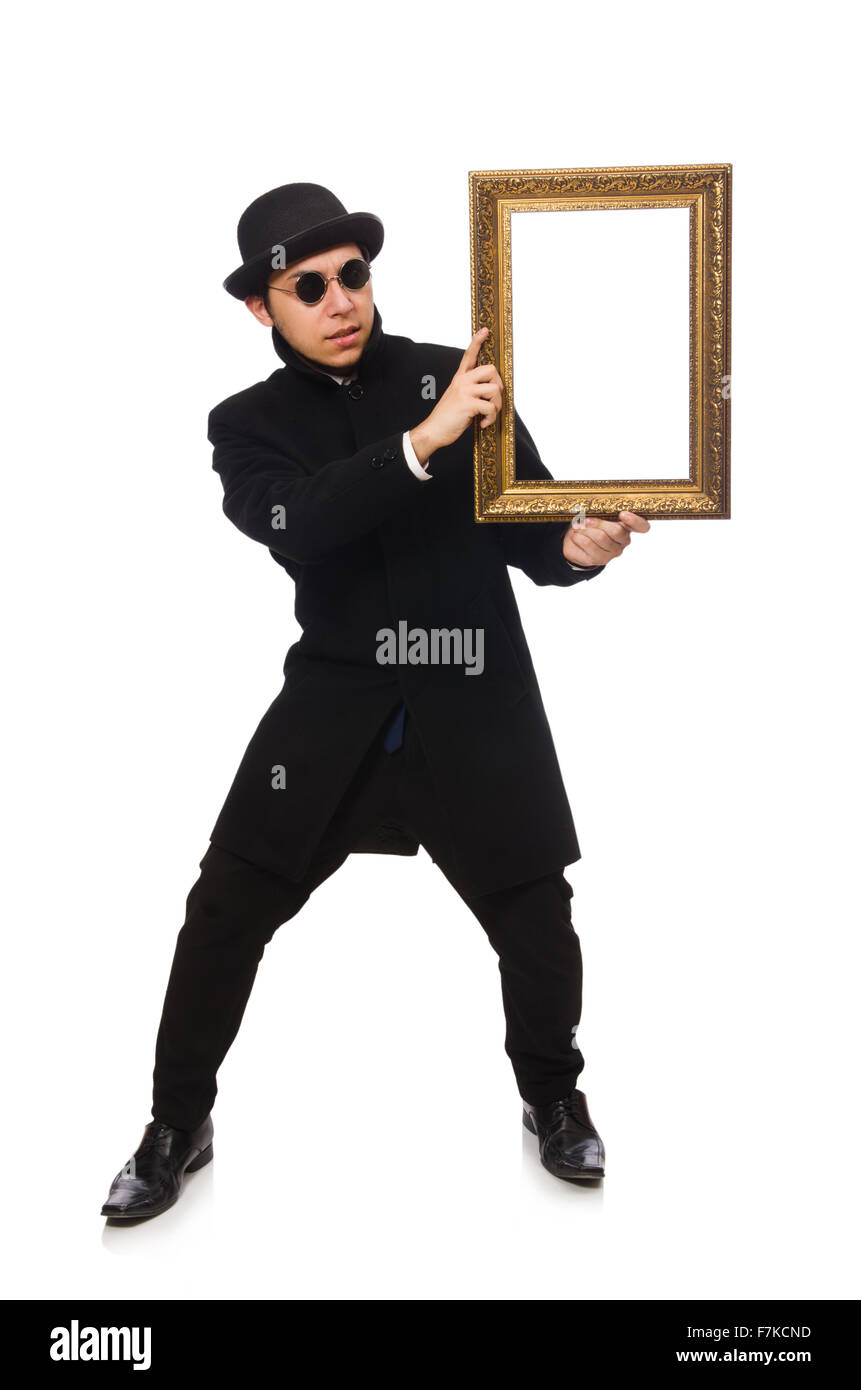 Young man holding frame isolated on white Stock Photo - Alamy