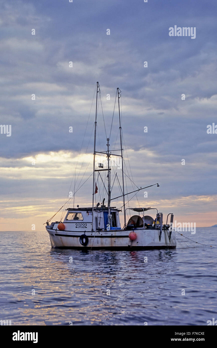 Commercial fishing gillnetter fishing for salmon, Chatham Sound ...