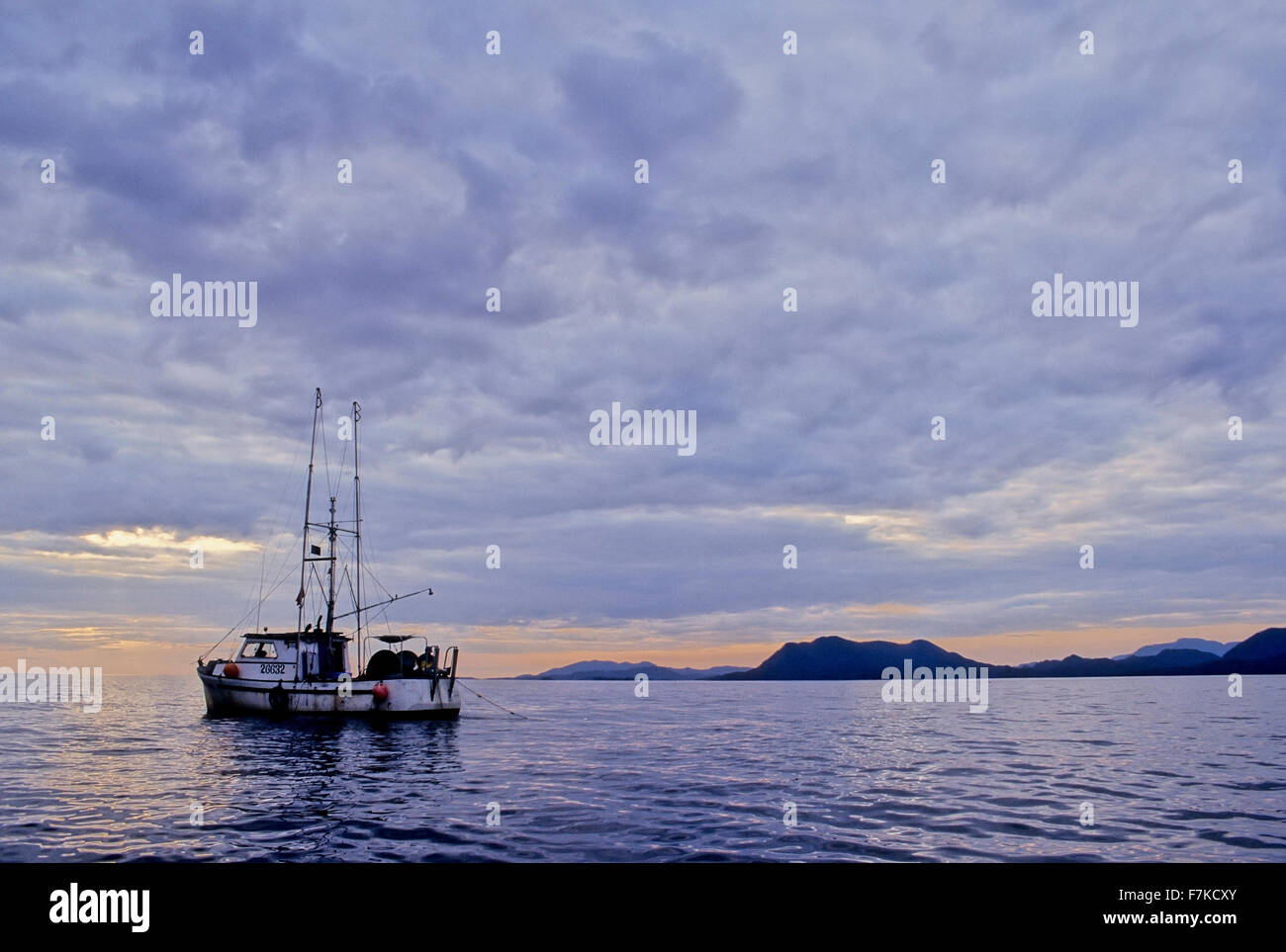 Commercial fishing gillnetter fishing for salmon, Chatham Sound ...