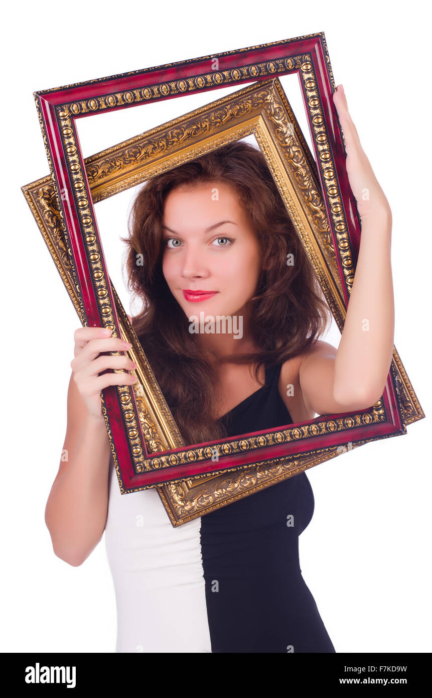 Woman with picture frame on white Stock Photo - Alamy