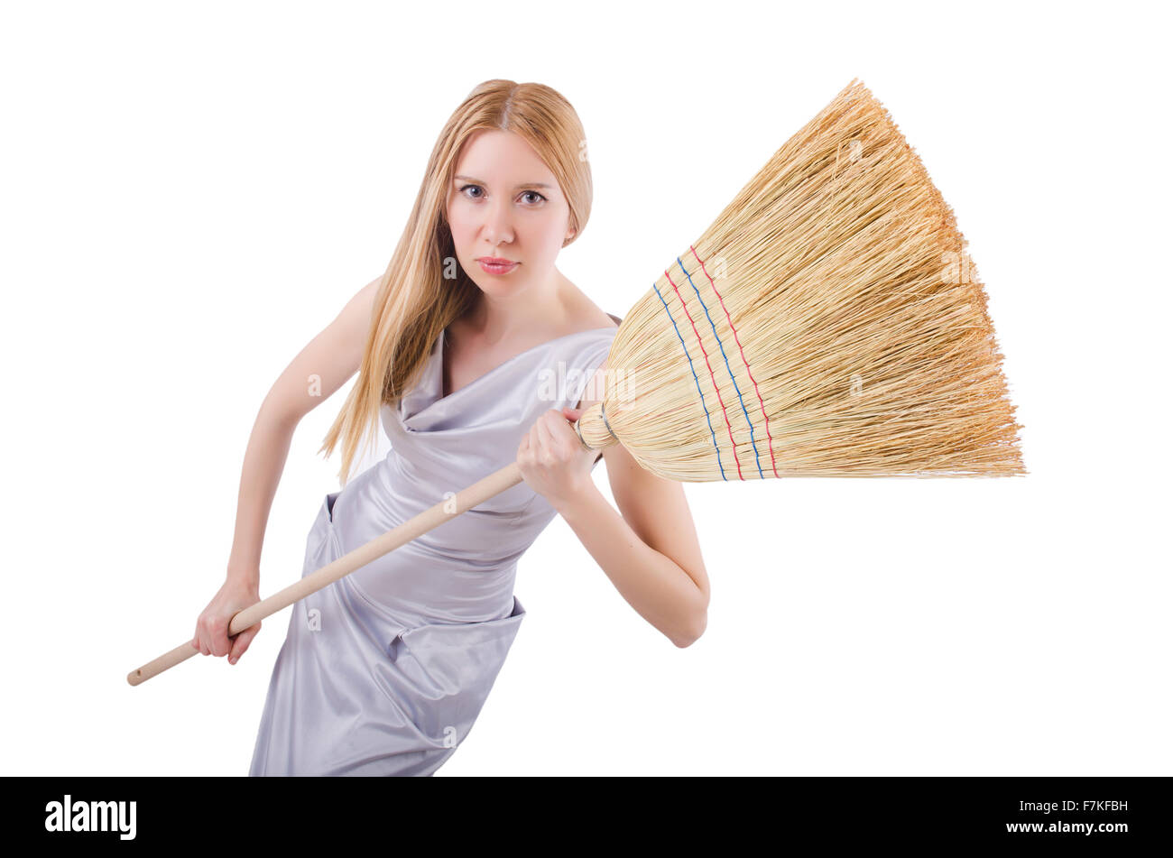 Young woman with broom on white Stock Photo - Alamy