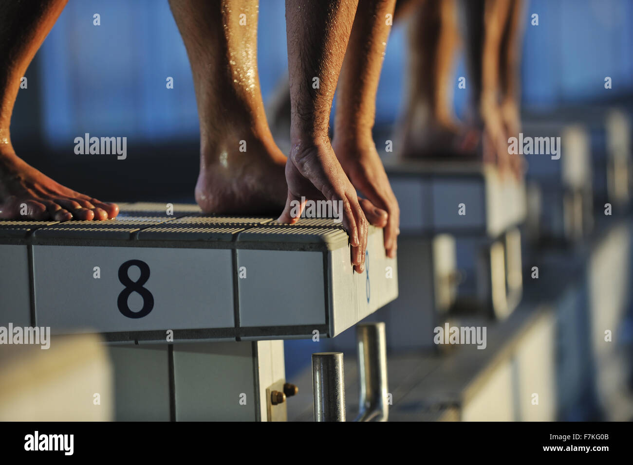start position race concept with fit swimmer on swimming pool Stock ...