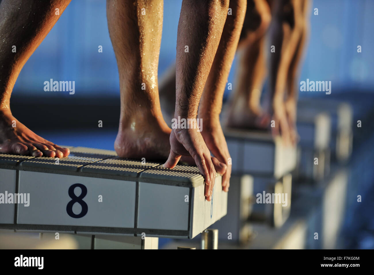 start position race concept with fit swimmer on swimming pool Stock ...