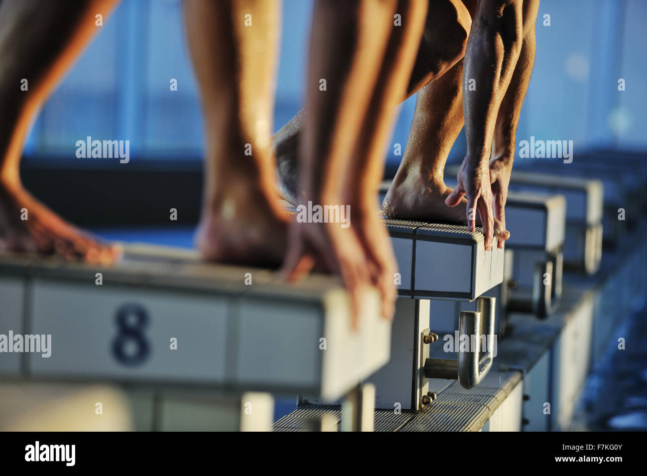 start position race concept with fit swimmer on swimming pool Stock ...